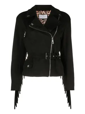 Philipp Plein Star Studded Fringed Biker Jacket - Black