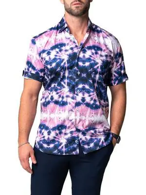 MACEOO Galileo Tie Dye Stars Short Sleeve Cotton Button-up Shirt - Blue
