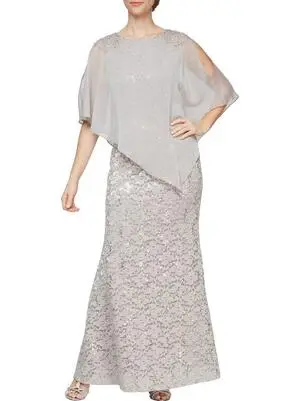SL FASHIONS Beaded Lace & Chiffon Capelet Gown - Buff