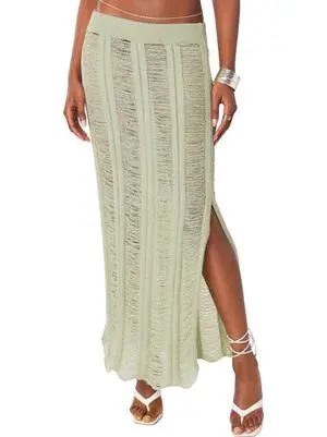 EDIKTED Ophelia Distressed Knit Maxi Skirt - Olive