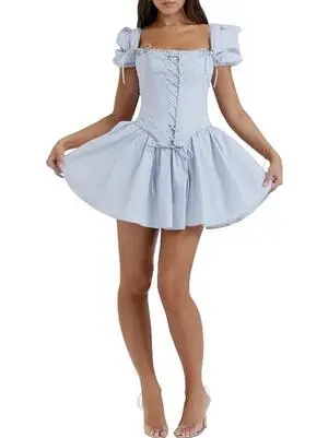 House Of Cb Broderie Anglaise Corset Bodice Minidress - Soft Blue
