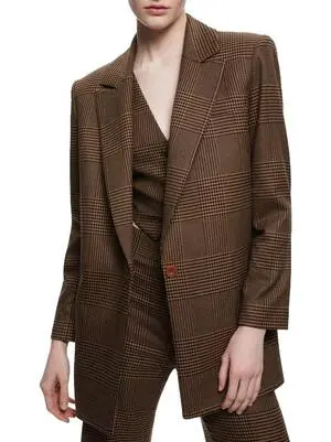Alice + Olivia Colley Glen Plaid Longline Blazer - Camel/ Black