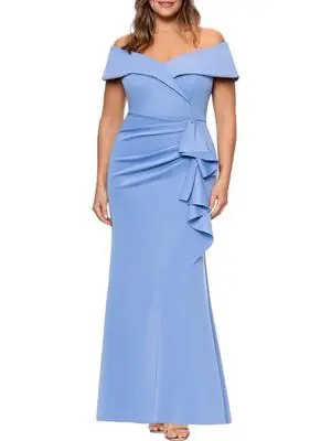 XSCAPE EVENINGS Off-the-shoulder Ruffle Gown - Slate