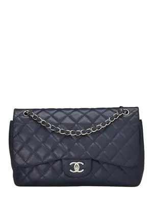 Chanel Quilted Caviar Classic Double Flap Shoulder Bag - Navy
