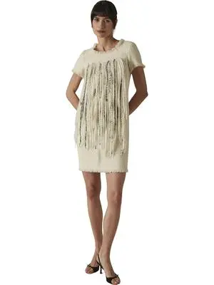Chanel Fringe Tweed Shift Dress - Cream