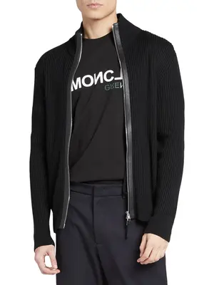 Moncler Ribbed Cardigan With Leather Trim - Black