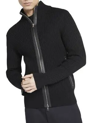 MONCLER Ribbed Cardigan With Leather Trim
