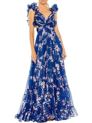 MAC DUGGAL Floral Ruffled Tiered Chiffon Gown