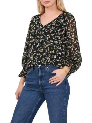 Chaus Floral Print V-neck Top - Rich Black