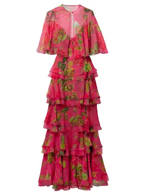 Oscar De La Renta Tiered Ruffled Floral-print Silk-chiffon Gown - Pink