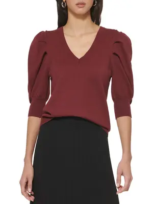 Dkny DKNY Puff Sleeve V-Neck Sweater Cabernet