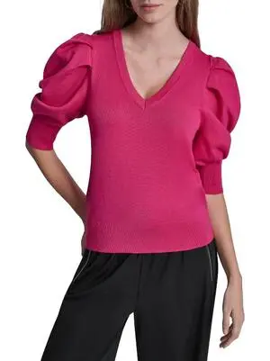 Dkny Puff Sleeve V-neck Sweater - Hot Pink