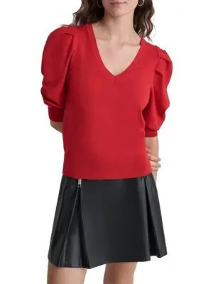 Dkny Puff Sleeve V-neck Sweater - Red Light