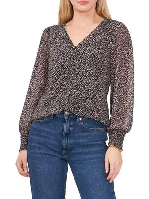 Chaus Balloon Sleeve Chiffon Button-up Top - Black/ Taupe