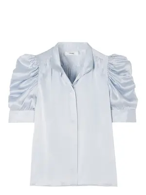 FRAME Gillian Ruched Silk-Satin Blouse Blue