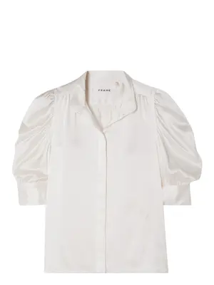 FRAME Gillian Ruched Silk-Satin Blouse White