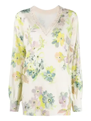 TWINSET Floral-print V-neck Jumper - Neutrals