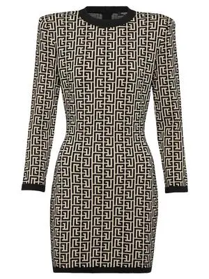 Balmain Balmain Monogram Wool-Blend Knit Minidress Black