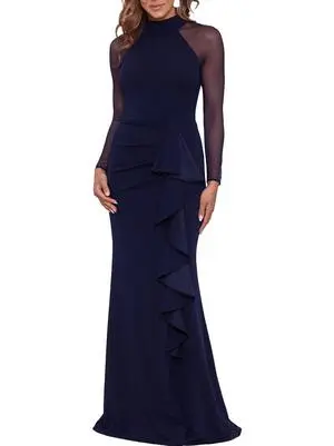 Betsy & Adam Illusion Mesh Long Sleeve Scuba Crepe Mermaid Gown - Navy