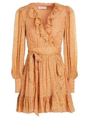 Zimmermann Ruffled Metallic Fil Coupé Silk-blend Crepon Mini Wrap Dress - Camel