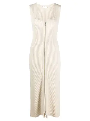 JIL SANDER V-neck Ribbed-knit Midi Dress - Neutrals
