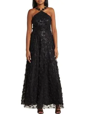 Eliza J Floating Flow Floral Sequin Halter Ballgown - Black
