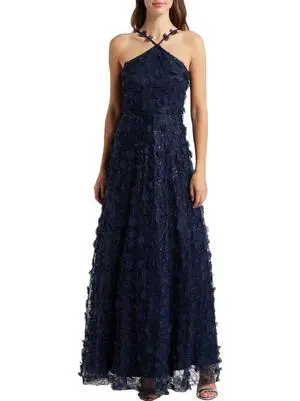 Eliza J Floating Flow Floral Sequin Halter Ballgown - Navy