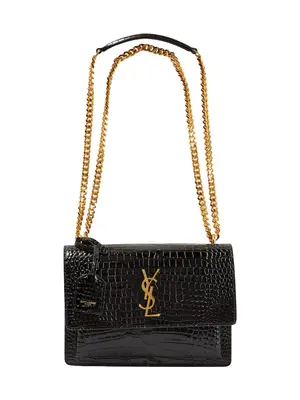 Saint Laurent Sunset Medium Croc-Effect Shoulder Bag Black