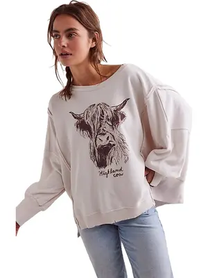 Free People We The Free Graphic Camden Pullover Highland Cow Combo
