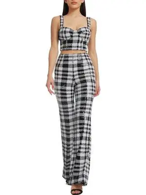Dress The Population Plaid Bustier Crop Top & Wide Leg Pants Set - Black-white