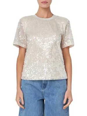 GREY LAB Sequin Top With Padded Shoulders - Nude Pink