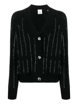 ALLUDE Rhinestone-stripes Wool-blend Cardigan - Black