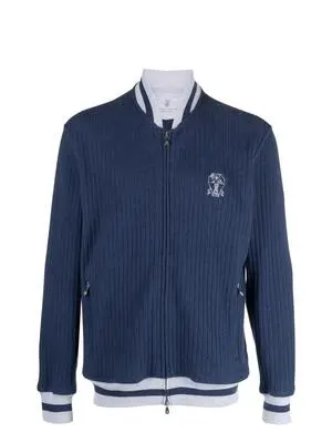 Brunello Cucinelli Logo-embroidered Ribbed Zip-up Sweatshirt - Blue