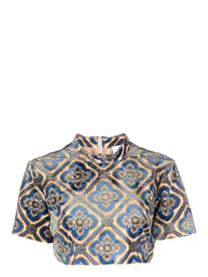 Etro Abstract-print Velvet Crop Top - Blue