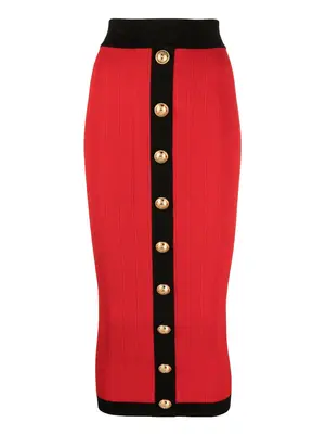 Balmain Buttoned Knit Midi Skirt - Red