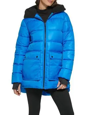 KENNETH COLE Faux Shearling Lined Hooded Puffer Parka Jacket - Aqua