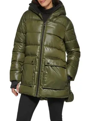 KENNETH COLE Faux Shearling Lined Hooded Puffer Parka Jacket - Loden