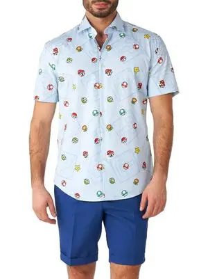 Opposuits Super Mario™ Stretch Short Sleeve Button-up Shirt - Blue
