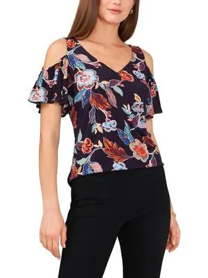 Chaus Print Cold Shoulder Top - Navy/burgundy/mustar