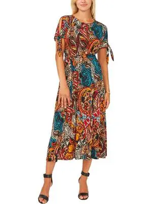 Chaus Split Sleeve Printed Midi Dress - Navy/mauve/blue