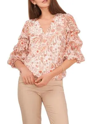 Chaus Cascading Bubble Sleeve Chiffon Top - Ivory/peach/mint