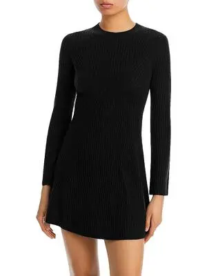 Aqua 100% Cashmere Contour Ribbed Mini Dress - Black