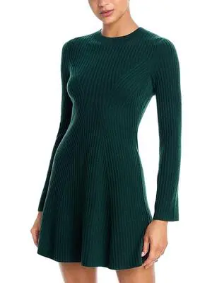 Aqua 100% Cashmere Contour Ribbed Mini Dress - Deep Pine