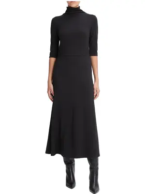 Vince Elbow-sleeve Turtleneck A-line Dress - Black