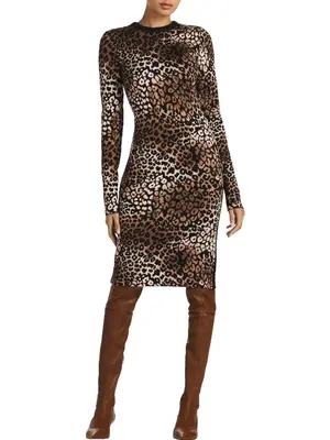 St. John Leopard Jacquard Knit Dress - Camel/ Black Multi
