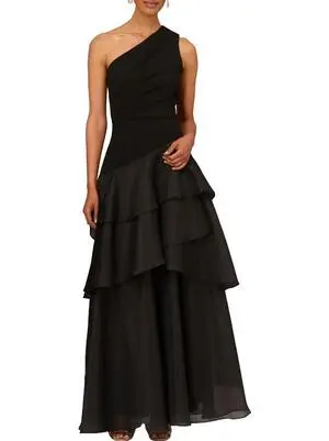Aidan Mattox Tiered One-shoulder Ballgown - Black