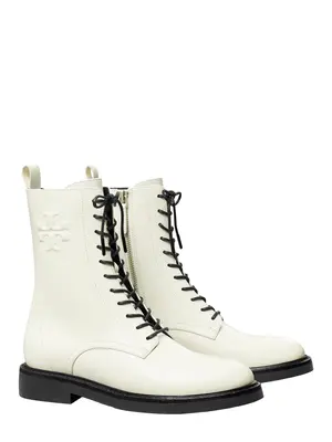 Tory Burch Tory Burch Double-T Croc Embossed Combat Boots Blanc