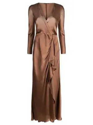 Alberta Ferretti Draped Wrap-effect Satin Maxi Dress - Brown
