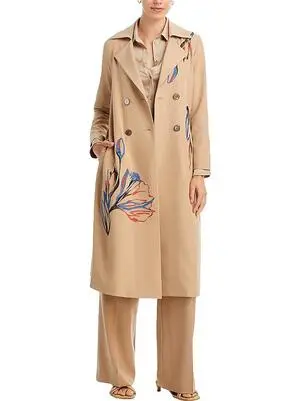 Misook Belted Embroidered Trench Coat - Sand/multi