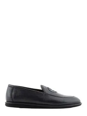 Giorgio Armani Deerskin Loafers With Embroidered Logo - Navy_blue
